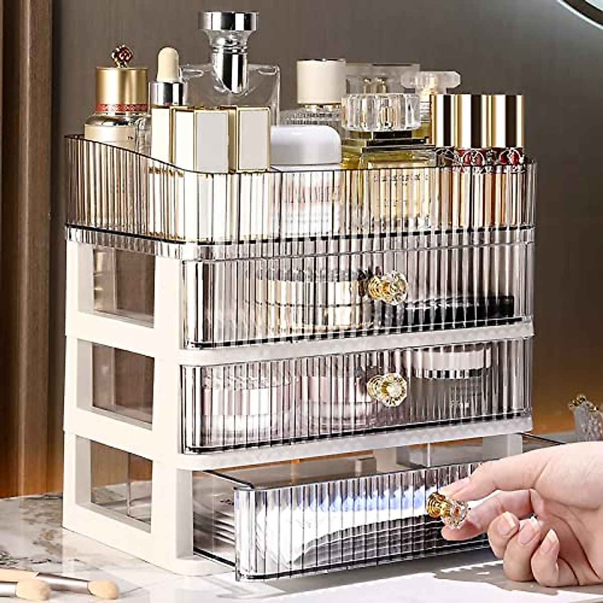 KchThass Acrylic Makeup Organizer with 3 Drawers,Cosmetic Display Cases for Vanity,Skincare Organizers Countertop,Desk Storage Holder for Perfume,Lotion,Lipstick,Brushe,Nail Polish(4-Layer,Clear)