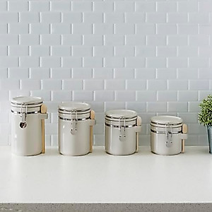 Home Basics Canister Sets For The Kitchen (4 Piece Set) Beige, High Gloss Ceramic Decorative Kitchen Set | With Wooden Spoons, Countertop Set For Flour, Sugar, Coffee, and Snacks