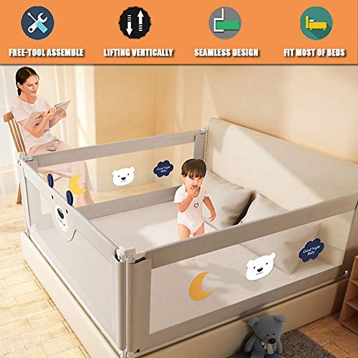 Bed Rail for Toddlers, 60’’70’’75“78’’86’’ Extra Long Baby Bed Rail Guard Lifting Vertically, 1 Side of Free-Tool Assembled Bed Rail Guard for Toddlers Fit Queen Bed, King Bed (75 Inch, Grey Moon)