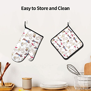 Cute Dog Puppy Oven Mitts and Pot Holders Sets Resistant Hot Pads Potholders Non-Slip Cotton Lining Oven Gloves for Four Seasons Kitchen Baking Cooking Grilling