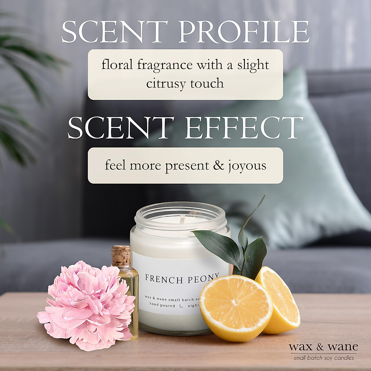 Wax & Wane French Peony Modern 8oz Handmade Candle For Men and Women - Long Burning 40+ Hours Candles For Home, Bedroom, and Bathroom - 100% Natural Soy Candles Made in the USA