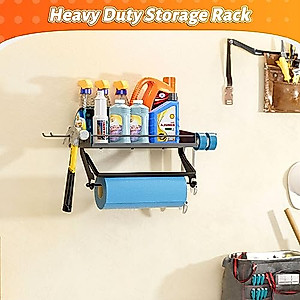 Lorbro Garage Paper Towel Holder, Paper Towel Holder Wall Mount with Shelf One Hand Tear, Garage Organization and Storage with 4 Detachable Hooks, Holds 50 lbs, for Quick Clean Station, Workshop