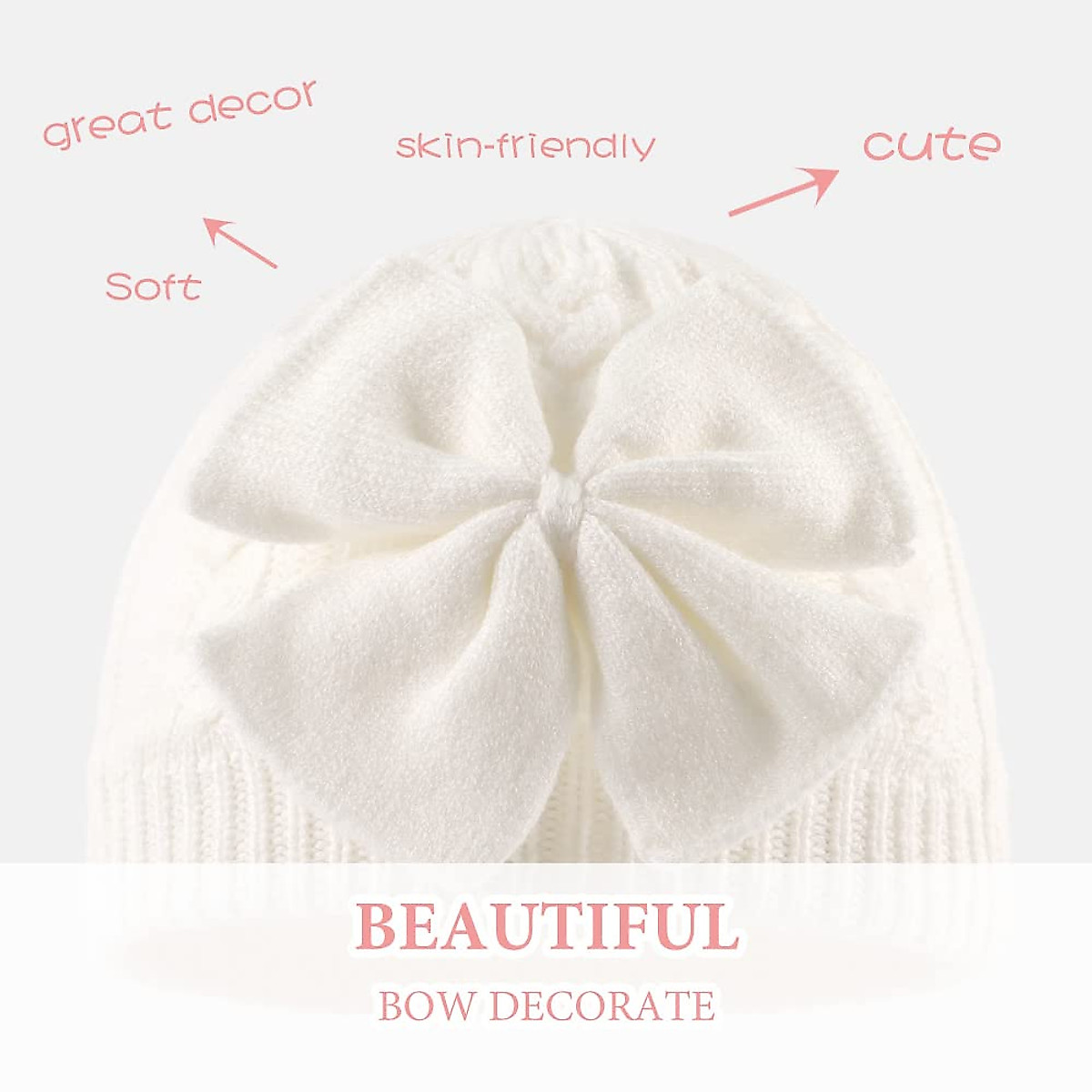 Winter Warm Knitted Baby Hat for Girls Cotton Lined Infant Toddler Girls Hat Autumn Cute Bow Classic Girls Beanie 0-6Y(M,White)