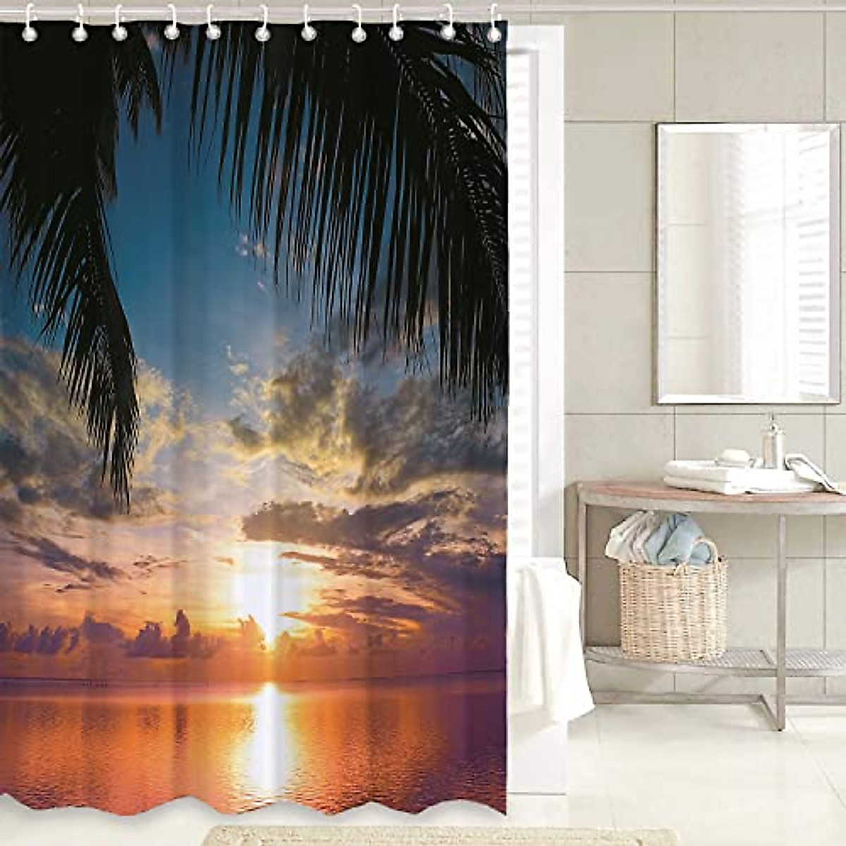 GRIEKOWE 4 Pcs Beach Shower Curtain Sets with Non-Slip Rugs, Toilet Lid Cover and Bath Mat, Sunset Ocean Waves Shower Curtain Blue Sky Coastal Sun Rays Shower Curtain with 12 Hooks, 72''x72''