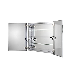Croydex Sabine Dual, Recessed or Surface Mount, 2 USB Ports, Dimmer, Hang 'n' Lock Easy Installation Illuminated LED Medicine Cabinet, 30W x 26H, Aluminum