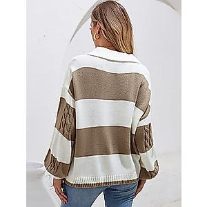 ZAFUL Women 2023 Striped V Neck Long Sleeve Sweater Fall Lapel Collar Ribbed Knit Loose Pullover Sweater Jumper Top Brown