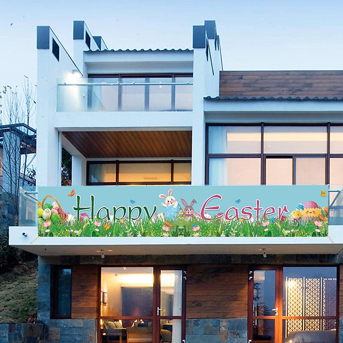 Happy Easter Banner Spring Easter Bunny Easter Eggs Decor Banner Outdoor & Indoor Yard Fence Garden Sign Hanging Door Banner 118" x 20"