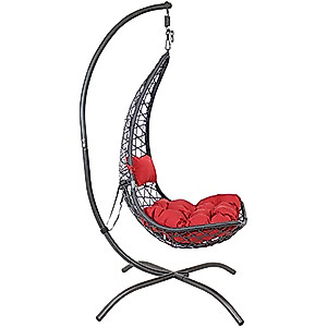 Sunnydaze Phoebe Hanging Lounge Chair with Stand and Seat Cushions - Resin Wicker Outdoor Basket Swing Chair with Steel Frame for Patio, Porch, Balcony, Backyard and Garden - 79-Inch - Red