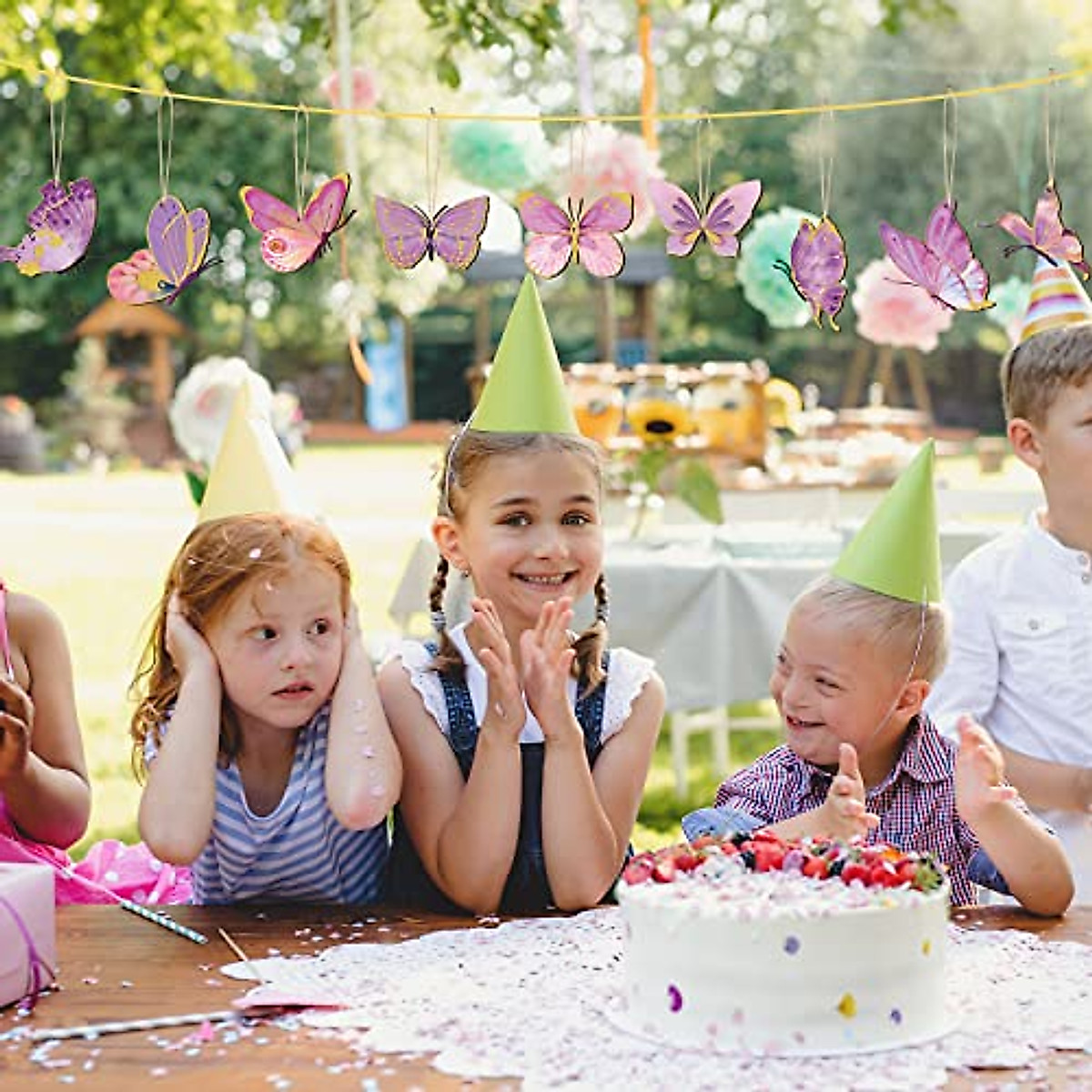 Sintuff 36 Pcs Butterfly Party Decor Butterfly Wood Hanging Ornaments Pink Purple Butterfly Hanging Ornaments Spring Summer Butterfly Hanging Decorations for Butterfly Baby Shower Decorations