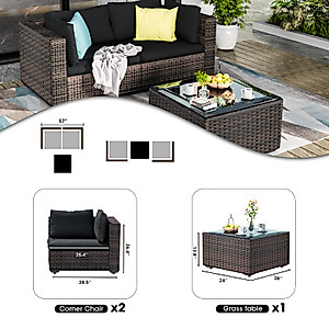 GREZJXC 3 Pieces Outdoor Sectional Patio Furniture Set with Fire Pit Table PE Rattan Wicker Patio Sectional Conversation Set with Cushions Black