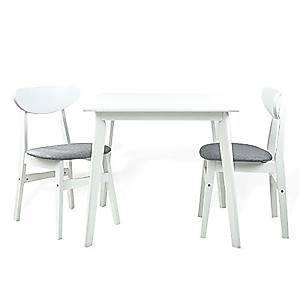 Wickerix Dining Room Set of 2 Yumiko Chairs and Square Dining Table Kitchen Modern Solid Wood w/Padded Seat, White Color with Light Gray Cushion