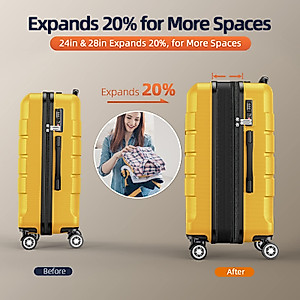 SHOWKOO Luggage Sets Expandable PC+ABS Durable Suitcase Sets Double Wheels TSA Lock Yellow 3pcs