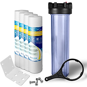 High Capacity 20 x 4.5-Inches Transparent Whole House Water Filter Purifier System with Presser Relief Button, 1” Inlet/Outlet Brass Port & Yearly Supply (4) Polypropylene Sediment Cartridges 5 Micron
