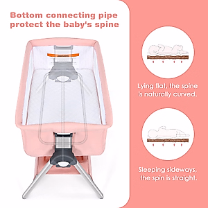 INFANS Baby Bassinet Bedside Crib, Newborn Sleeper w/Large Storage Basket, Adjustable Heights, Detachable &Washable Mattress, Breathable Mesh, Straps, Easy Moving Bed Side (Pink)