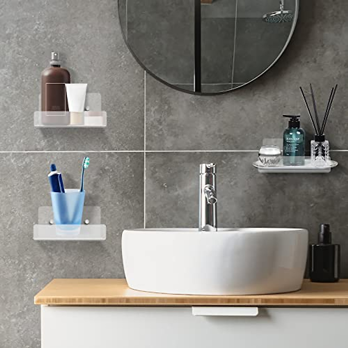 Douildhaiy 3 Pack Acrylic Small Floating Shelf for Wall Storage,4'' Clear Mini Adhesive Shelf for Living Room,Bathroom,Bedroom (Adhesive&Drilling)