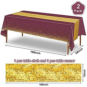 Tablecloth and Sequin Table Runner Set Polka Dots Confetti Table Cover Dining Plastic Table Cloths Glitter Decorations for Birthday Wedding Anniversary Party Supplies (Maroon, Gold, 2 Pcs)