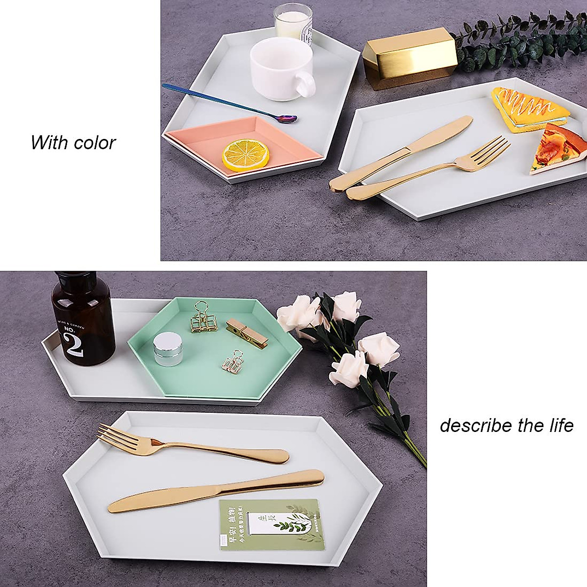 Polygon Decorative Coffee Table Tray,Unbreakable Geometric Vanity Tray,Jewelry Tray, Key Bowl,Ring Dish,Food Serving Tray,bar Tray - Serving Tray,Plastic Separable Tray Versatile (4Pack,4colors)