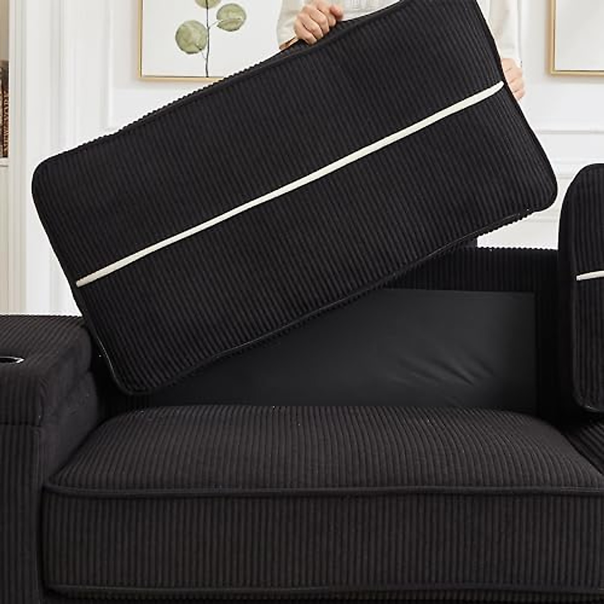 ERYE Modern Living Room Upholstered 3 Seater Sofa Couch Deep Seat Soft Corduroy Sofa&Couch with Storage Armrests, 2 Cupholders, Type-C and USB Charging Ports for Home, Apartment, Office