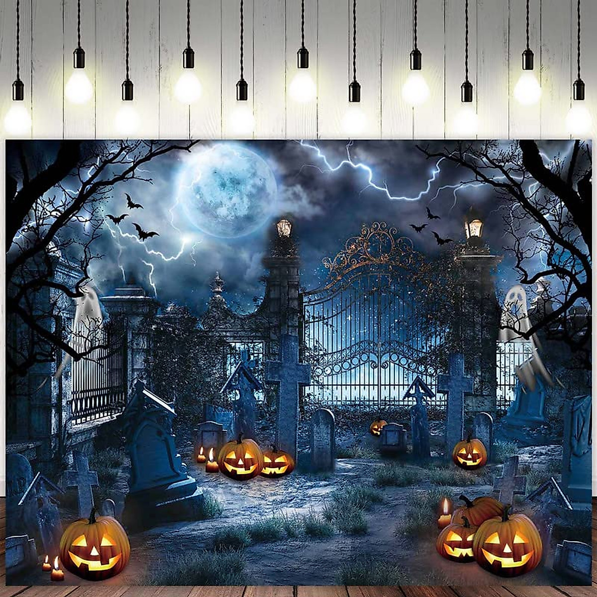 Swepuck 10x8ft Halloween Haunted Graveyard Photography Backdrop Pumpkin Lantern Spooky Night Moon Background Kids Ghost Party Decorations Banner Photo Booth