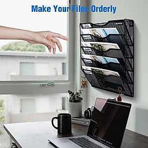 BOHDK Wall File Organizer, 5 Tire Hanging File Folder Organizer, Vertical Mesh Metal Door/Wall Mount Hanging File Holder, Paper Document Magazine Rack with Hooks for Home Office Black