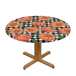 Fiokroo Autumn Pumpkins Checkerboard Tablecloth with Elastic Edge, Round Table Cloth Happy Thanksgiving Washable Reusable Table Cover for Kitchen Dining Party Picnic, Small