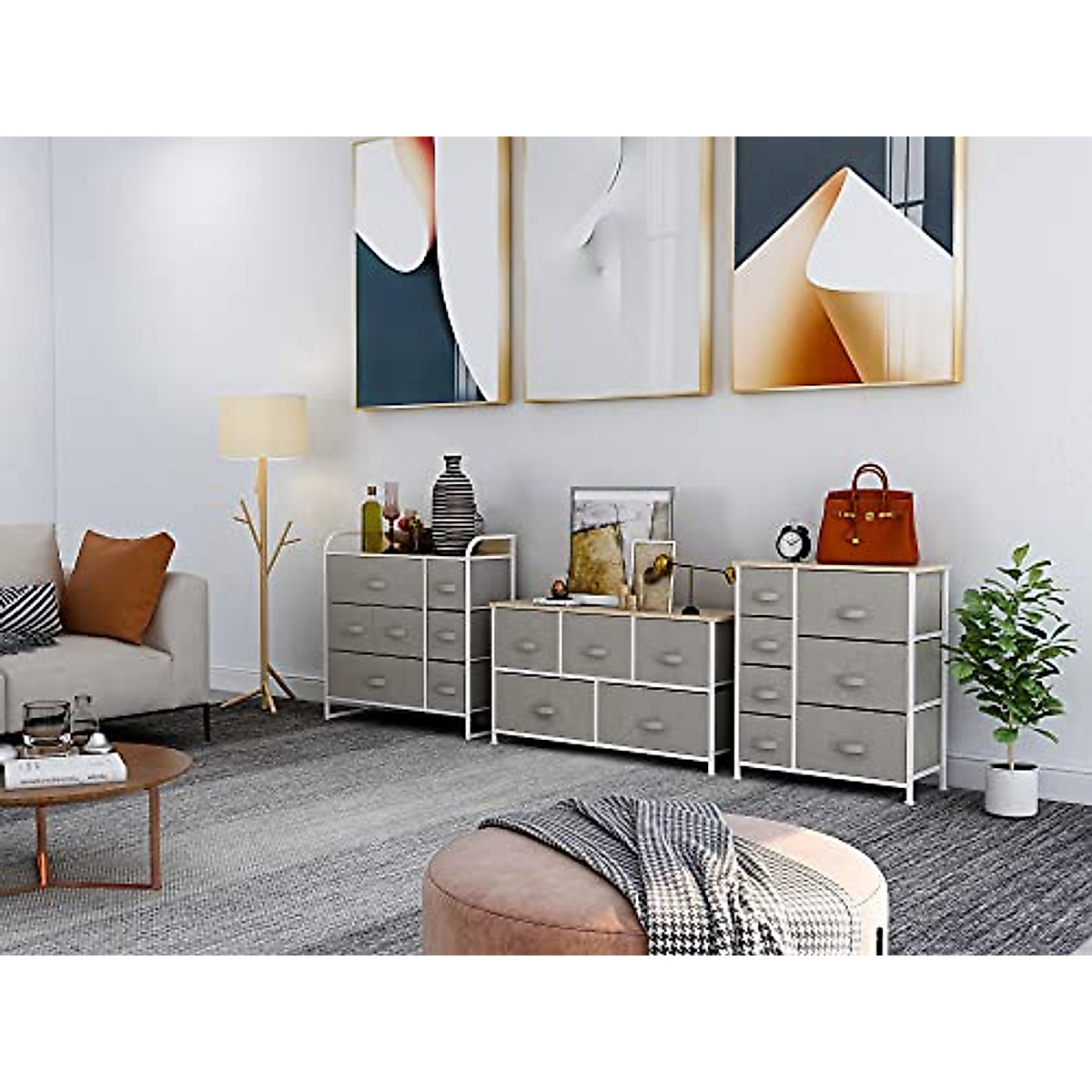 HOMOKUS 7 Drawer Dressers for Bedroom Fabric Dresser Closet Organizer and Storage Fabric Dresser, for Bedroom Living Room Nursery Large Capacity Steel Frame Wooden Top Easy Pull Fabric Bins Light grey