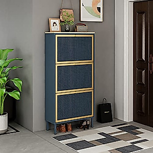 Sweiko Entryway Shoe Storage Cabinet with 3 Flip Drawers Metal Door Shoe Cabinet Organizer with Mesh Door Freestanding Shoe Rack Storage Cabinet with Wooden Top for Hallway Bedroom Mudroom Blue-Gray