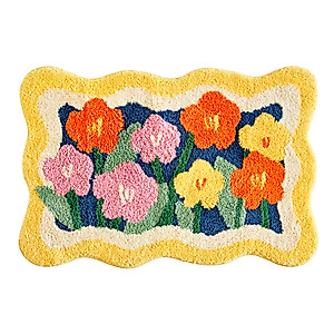 Aldopein Colorful Cute Flower Rug, Vibrant Fluffy Shaggy Boho Floral Bathroom Kitchen Rugs Mat Yellow/Orange/Pink, Non-Slip Washable 2x3 Small Aesthetic Bedroom Accent Rug Trendy Funky Throw Rug