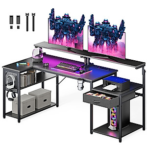 DOMICON Computer Desk 72" L Shaped Desk with Power Outlets, Gaming Desk with LED Lights & Long Adjustable Monitor Stand, Corner Desk with Storage, Cup Holder & Headset Hooks (Black Carbon Fiber)