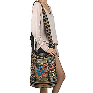Women Hobo OM Black Cross Body Shoulder Bag Elephant Embroidered School Everyday Shopping Casual Lightweight