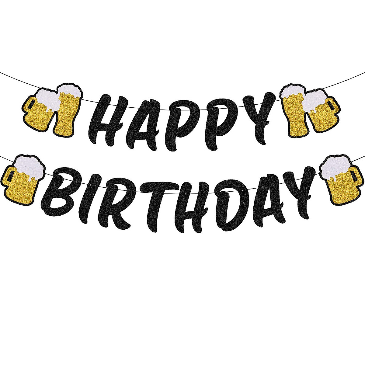 Happy Birthday Banner Cheers for 20 21 24 25 28 30 40 50 60 70 80 Years Backdrop for Men Women Him Her Bday Party Supplies Glitter Black Decorations Pre-Strung