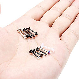 Ftovosyo 10pcs 16g 316L Stainless Steel Lip Ring 3mm Cubic Zirconia Labret Studs Monroe Cartilage Tragus Helix Earring Piercing Jewelry 10mm Bar Length for Women Men Black 10mm