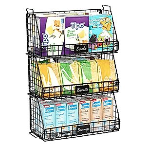 Stackable Pantry Baskets Household Food Storage Organizer with Handles Name Plate 3 Pack-13.7 Wide, Foldable Snack Rack Stand with Open Front Stacking Farmhouse Bins for Countertop Cabinets Kitchen
