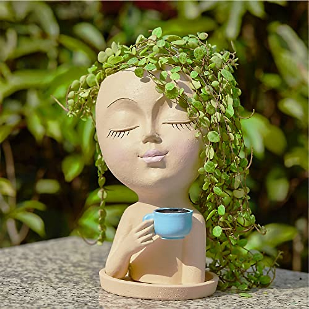 Face Planters Pots Head Planters for Outdoor Plants, Funny Cute Resin Coffee Girl Face Succulent Pots Planter Cactus Planter with Drainage Hole Closed Eyes for Indoor&Outdoor Planter (Style#477A1)