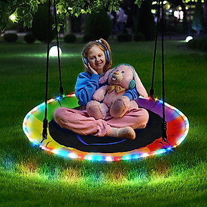 Trekassy 700lbs 40" Saucer Tree Swing for Kids Adults Outdoor with LED Lights, 2 Tree Hanging Straps-Rainbow
