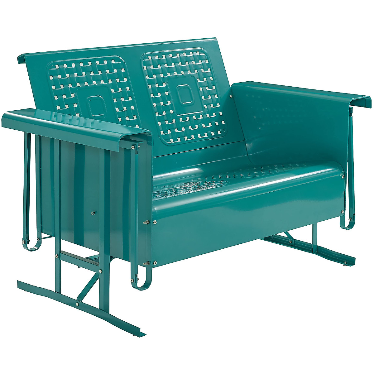 Crosley Furniture Bates Retro Metal Outdoor Loveseat Glider + 3-Piece Seating Set with Side Table and 2 Chairs, Turquoise Gloss