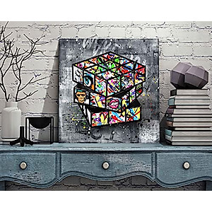 SIXTTART Banksy Canvas Wall-Art for Bedroom - Street Graffiti Wall Art - Abstract Painting Pop Art Wall Decor Modern Home Office Decor 14" W x 14" H Stretched and Framed Ready to Hang