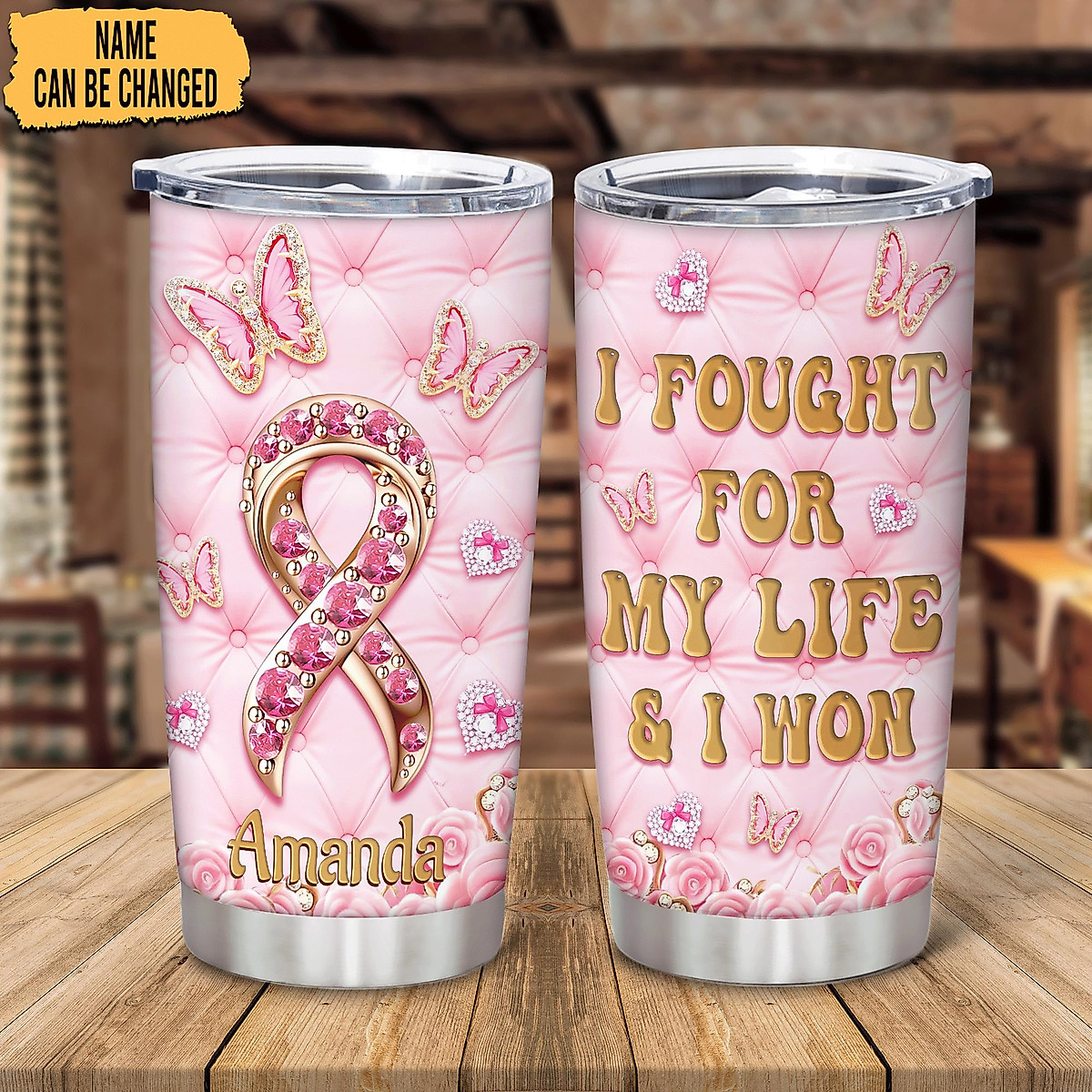 Hyturtle Personalized 2D Printed Breast Cancer Awareness Tumbler Gifts for Women - Birthday Christmas Gifts For Breast Cancer Survivors - Custom Name 20oz Insulated Stainless Steel Travel Tumbler