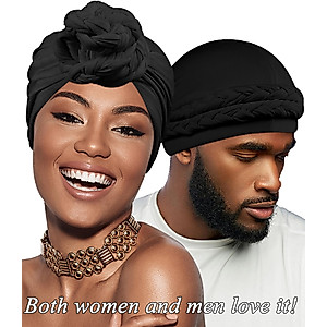 YI HENG MEI Satin Lined Halo Turban for Men Women Pre-Tied Handmade Braid Head Wraps Beanies Sleep Cap Bonnet Turbans Durag, Black, 1PCS
