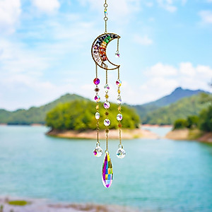 Chakra Tree of Life Crystal Suncatcher for Windows,Rainbow Maker Half Moon Sun Catcher with Crystal Prisms Hanging Crystals for Garden Home Decoration