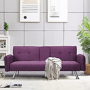 DKLGG Futon Sofa Bed Convertible Sofa Couch, Modern Loveseat Sleeper Futon Couch with 2 Cup Holders, Convertible Folding Sofa Bed Small Couch for Living Room, Bedroom, Apartment or Dorm(Purple)