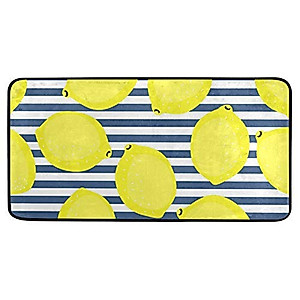 Kitchen Rugs Yellow Lemons with Blue Stripes Design Non-Slip Soft Kitchen Mats Bath Rug Runner Doormats Carpet for Home Decor, 39" X 20"