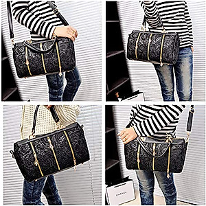 Women Tote Purse Leather Lace Design Vintage Shoulder Bag Top Handle Satchel Large Capacity Black
