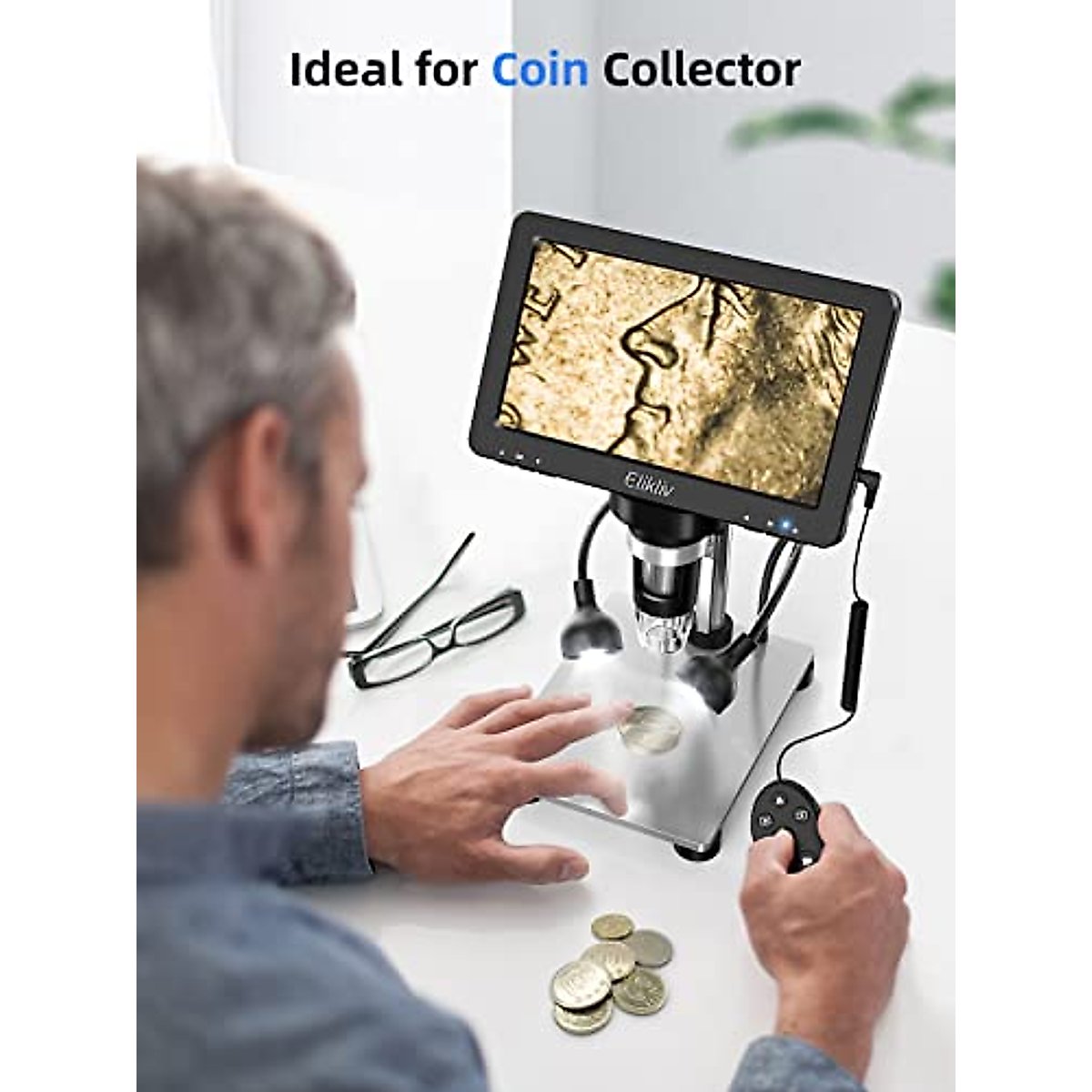 Elikliv 7" LCD Digital Microscope 1200X, 1080P Coin Microscope with Wired Remote, 12MP Ultra-Precise Focusing, 10 LED Fill Lights, PC View, Metal Stand, Windows/Mac Compatible, 32GB