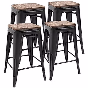 JUMMICO Metal Bar Stools Indoor Outdoor Stackable Modern 24 Inches Metal Counter Height Industrial Barstools with Wooden Seat Set of 4 (Black)