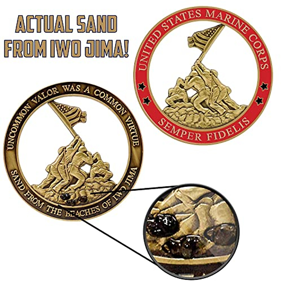 Marine Corps Iwo Jima USMC Challenge Coin with Actual Sands of Iwo Jima - Marine Corps Gifts Disabled USMC Vet Owned Small Business