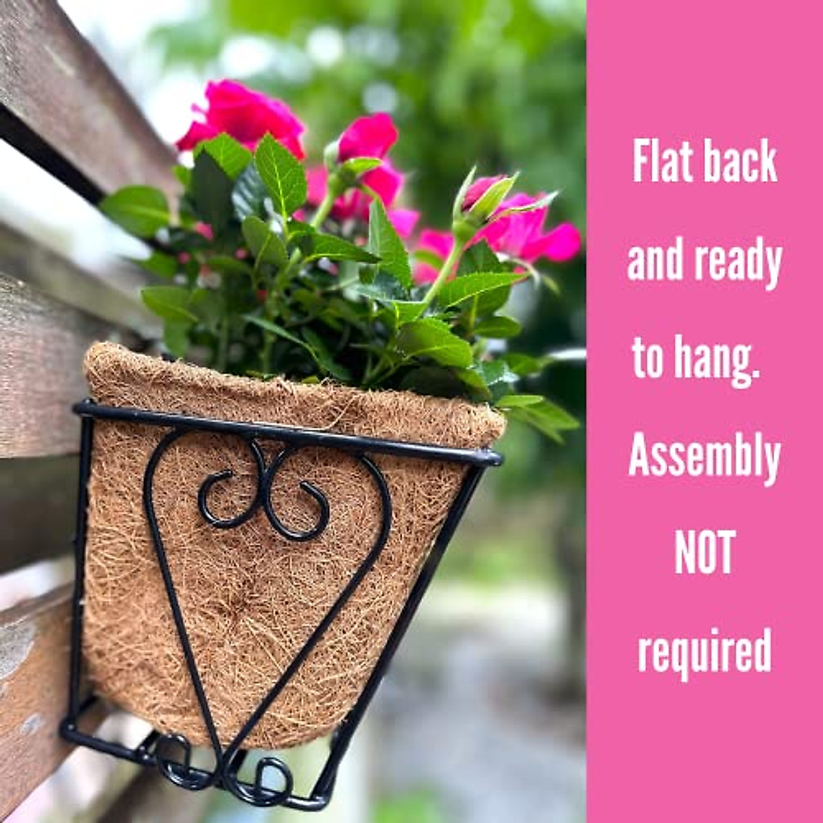 LaLaGreen Wall Hanging Planters - 2 Pack, 30 Inch Deck Railing Hanging Pot, Over the Rail Flower Boxes Black Window Plant Basket Attach to House Outdoor with Coco Liner Metal Fence Balcony Patio Porch