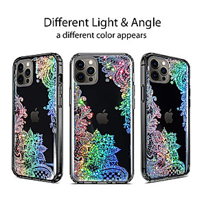 Coolwee Clear Glitter Compatible with iPhone 12 Pro Max Case Thin Flower Cute Crystal Lace Bling Women Girls Floral Plastic Hard Back Soft TPU Bumper Protective Cover Slim Fit Mandala Henna
