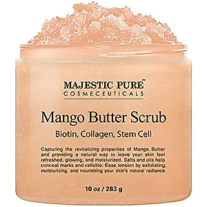 Majestic Pure Mango Butter Body Scrub - With Biotin, Collagen, Stem Cell - Exfoliating Salt Scrub to Exfoliate and Moisturize Skin - Deep Skin Cleanser - Natural Skin Care for Men and Women - 10 oz