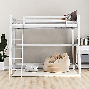 Harper & Bright Designs Loft Bed with Ladder and Safety Rail, Hight Loft Bed Twin Size, Wooden Loft Bed Frame, Twin Size Loft Bed for Decoration of Various Rooms (White)